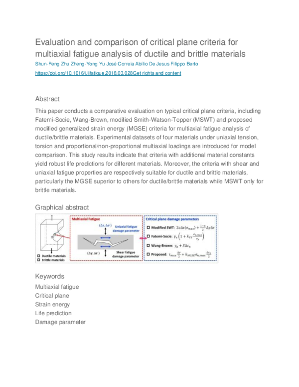(PDF) Evaluation and comparison of critical plane criteria for multiaxial fatigue analysis of ...