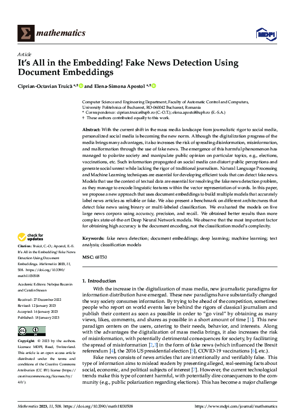 Pdf Its All In The Embedding Fake News Detection Using Document Embeddings