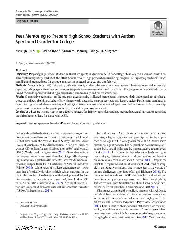 (PDF) Peer Mentoring to Prepare High School Students with Autism ...