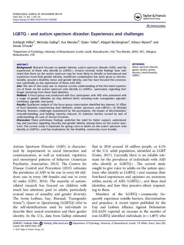 (PDF) LGBTQ + and autism spectrum disorder: Experiences and challenges