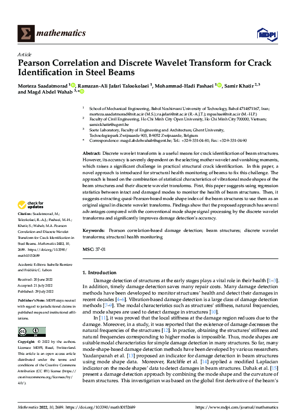 (PDF) Pearson Correlation and Discrete Wavelet Transform for Crack Identification in Steel Beams