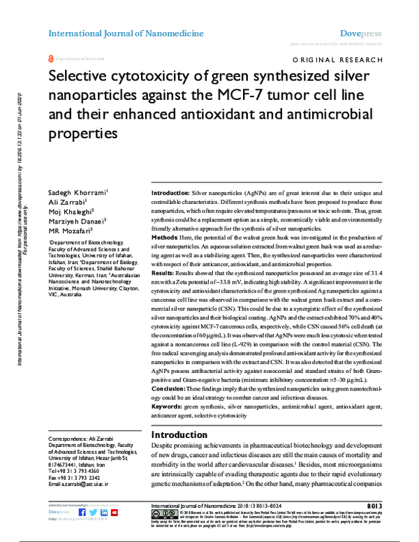 (PDF) Selective cytotoxicity of green synthesized silver nanoparticles against the MCF-7 tumor ...