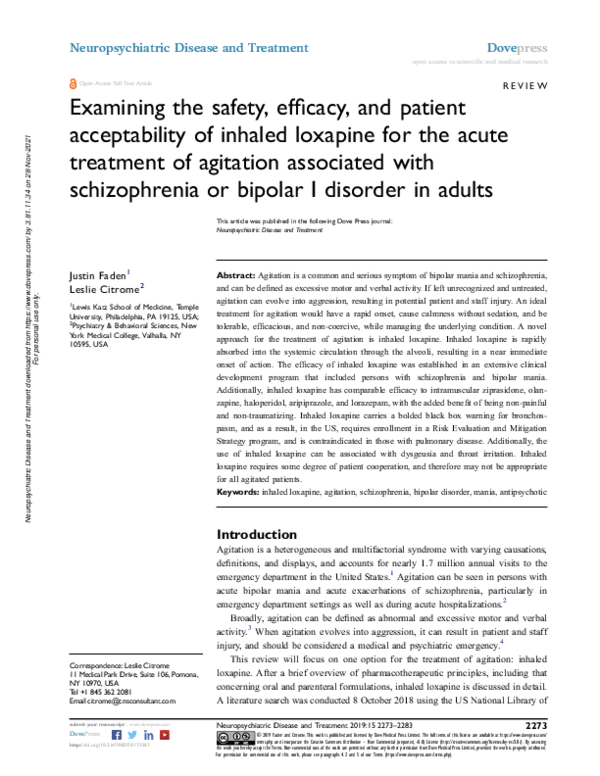(PDF) Examining the safety, efficacy, and patient acceptability of inhaled loxapine for the ...