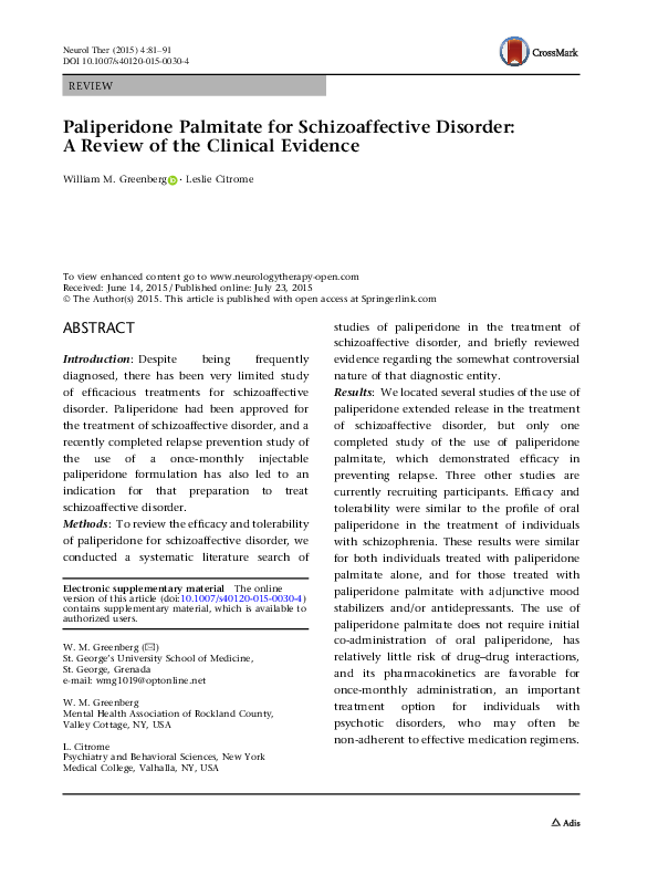Pdf Paliperidone Palmitate In Treating Schizoaffective Disorder