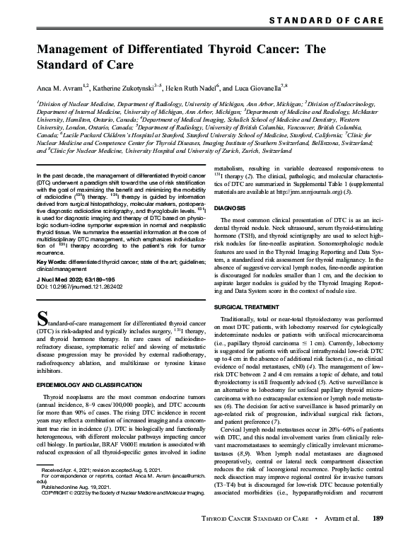 (PDF) Management of Differentiated Thyroid Cancer: The Standard of Care