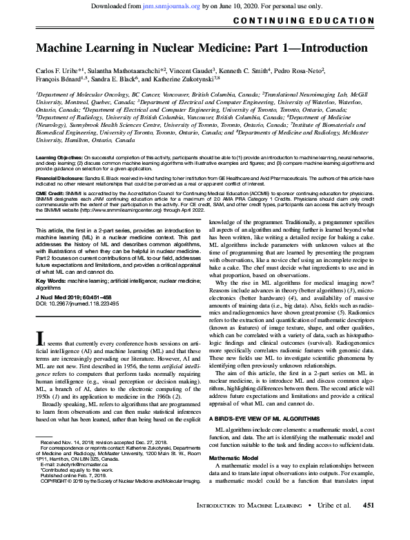 (PDF) Machine Learning in Nuclear Medicine: Part 1—Introduction