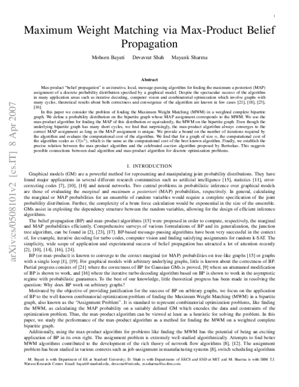 (PDF) Max-Product for Maximum Weight Matching: Convergence, Correctness ...