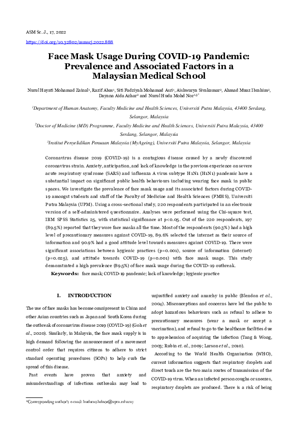 (PDF) Face Mask Usage During COVID-19 Pandemic: Prevalence and ...