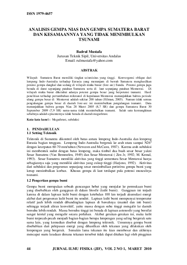 (PDF) Analisis Gempa Nias Dan Gempa Sumatera Barat Dan Kesamaannya Yang Tidak Menimbulkan Tsunami