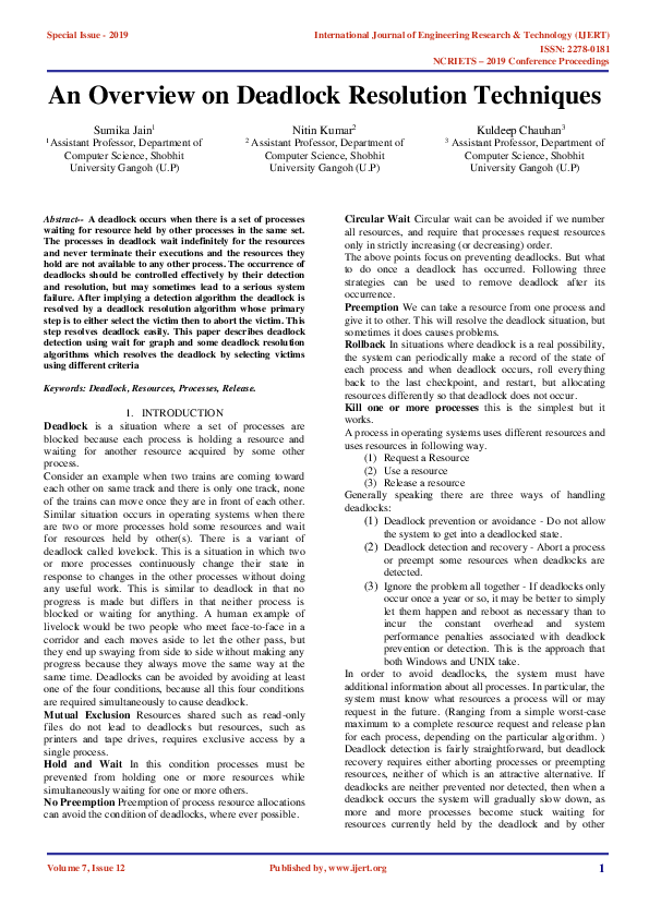 (PDF) An Overview on Deadlock Resolution Techniques