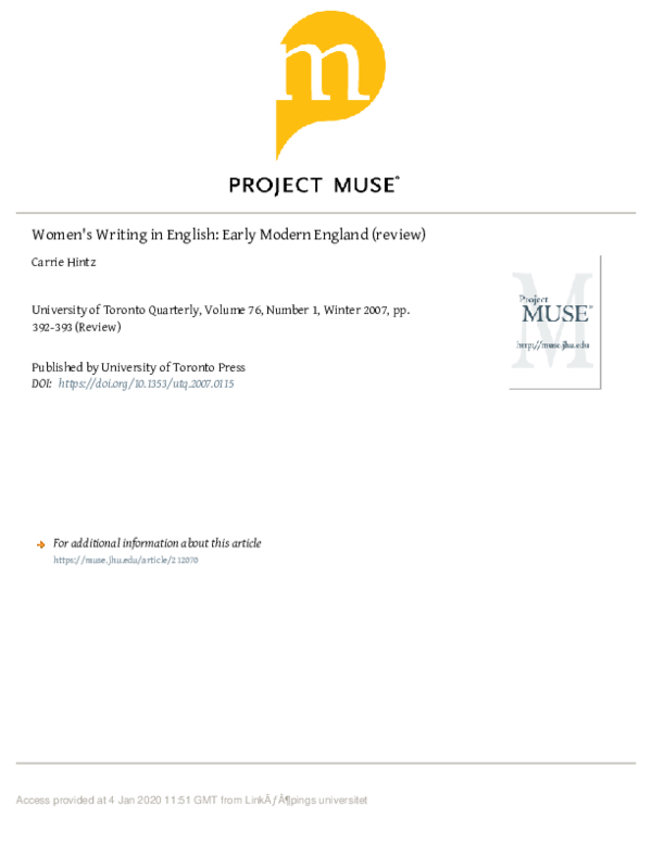 (PDF) Women’s Writing in English: Early Modern England