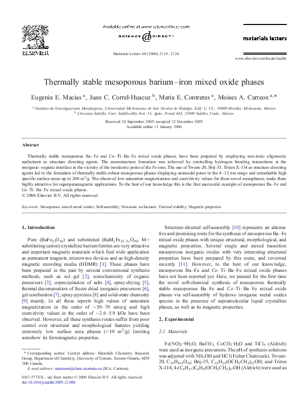 (PDF) Thermally stable mesoporous barium–iron mixed oxide phases