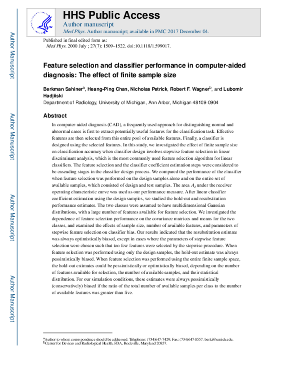Pdf Feature Selection And Classifier Performance In Computer Aided