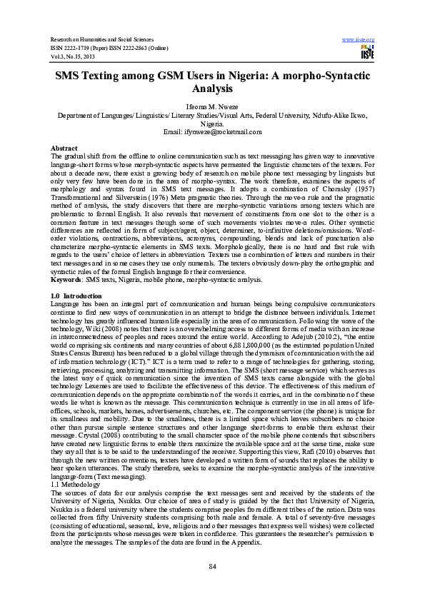 (PDF) SMS Texting among GSM Users in Nigeria: A morpho-Syntactic Analysis
