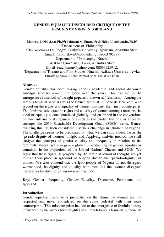 (PDF) Gender Equality Discourse: Critique of the Feminists’ View in ...