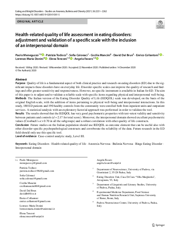 Pdf Health Related Quality Of Life Assessment In Eating Disorders