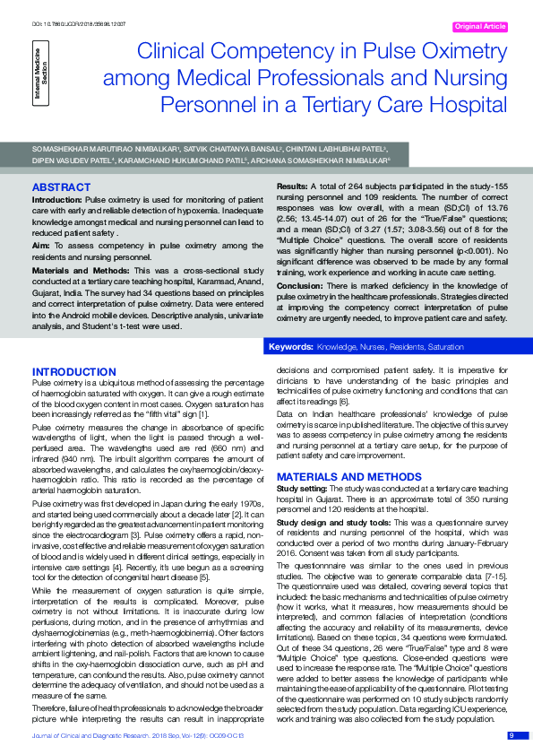 (PDF) Clinical Competency in Pulse Oximetry among Medical Professionals ...