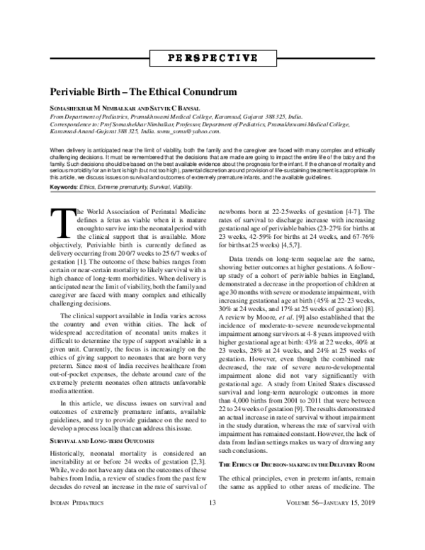 (PDF) Periviable Birth – The Ethical Conundrum
