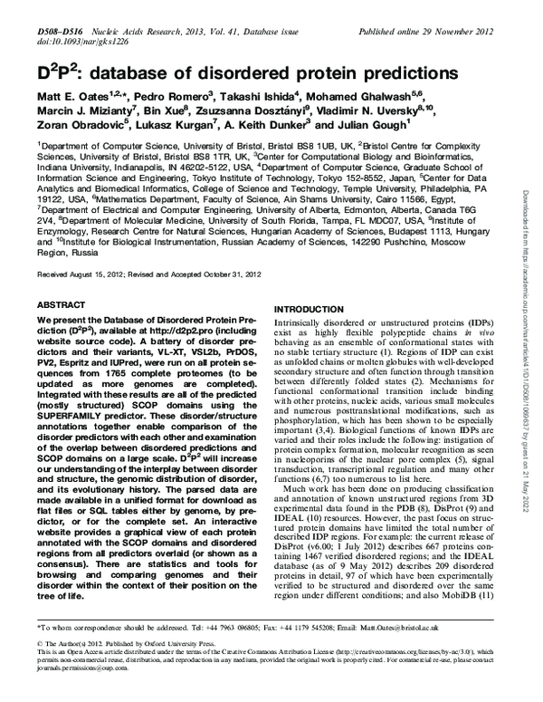 (PDF) D2P2: database of disordered protein predictions