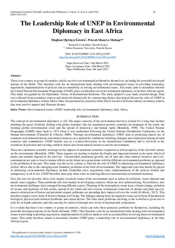 (PDF) The Leadership Role of UNEP in Environmental Diplomacy in East Africa