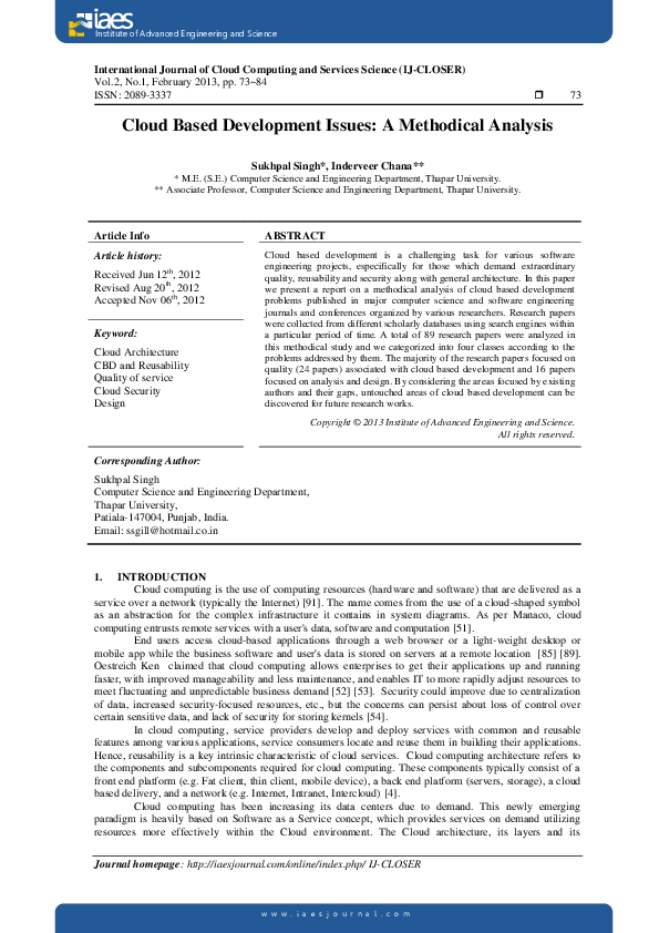 (PDF) Cloud Based Development Issues: A Methodical Analysis