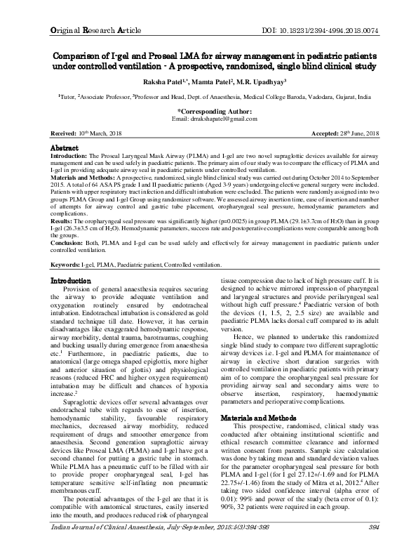 (PDF) Comparison of I-gel and Proseal LMA for airway management in ...