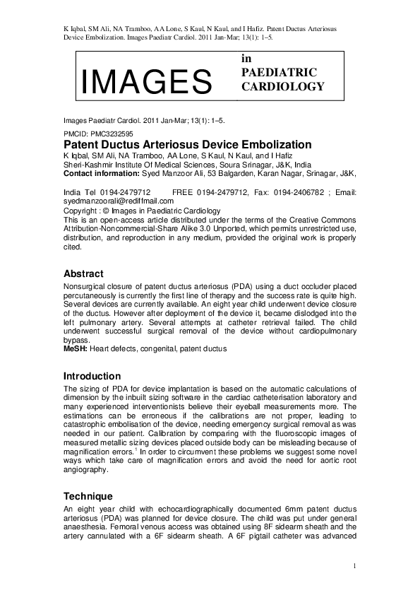 (PDF) Patent ductus arteriosus device embolization