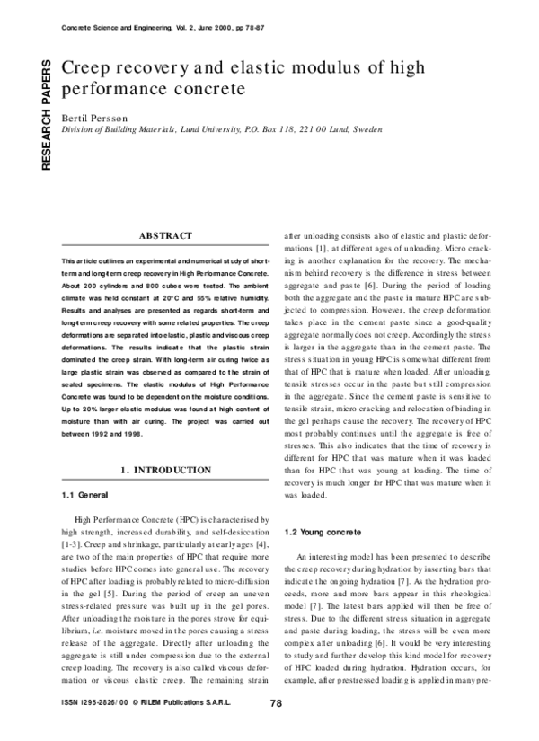(PDF) Creep Recovery and Elastic Modulus of High Performance Concrete