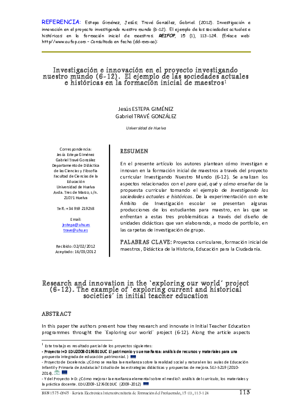 (PDF) Research and innovation in the `exploring our world´ project (6 ...