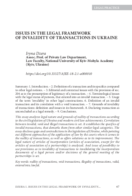 (PDF) Issues in the Legal Framework of Invalidity of Transactions in ...