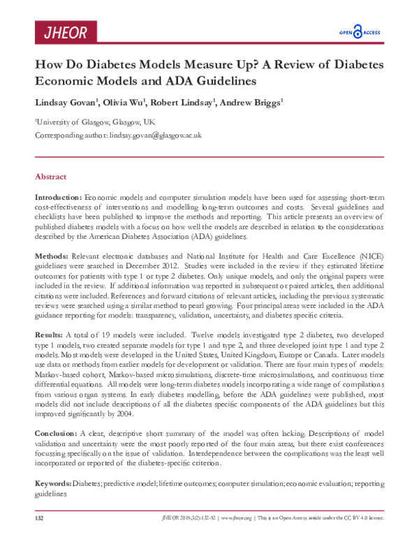 (PDF) How Do Diabetes Models Measure Up? A Review of Diabetes Economic ...