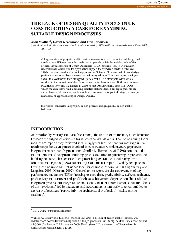 (PDF) The lack of design quality focus in construction: a case for ...