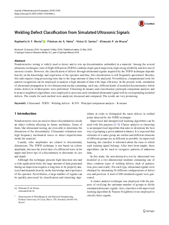 Pdf Welding Defect Classification From Simulated Ultrasonic Signals