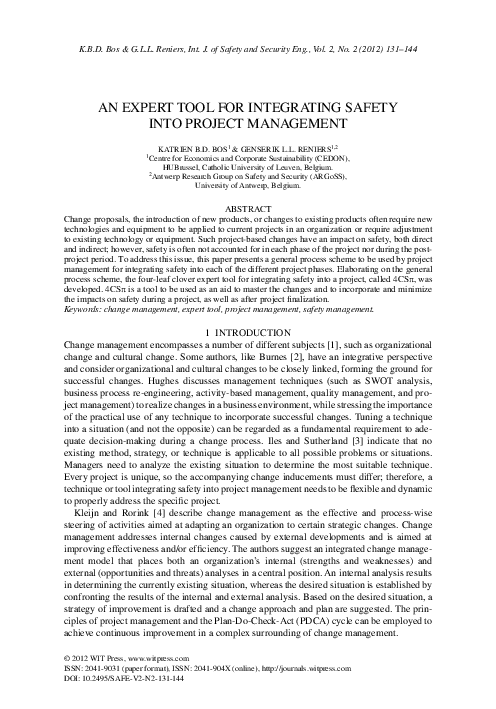 Pdf An Expert Tool For Integrating Safety Into Project Management