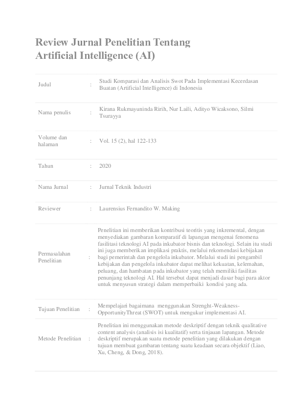(PDF) Review Jurnal Penelitian Tentang Artificial Intelligence (AI