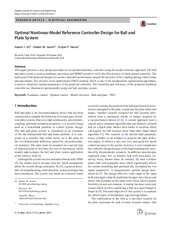 (PDF) Optimal Nonlinear Model Reference Controller Design for Ball and Plate System