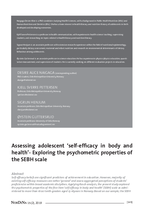 (PDF) Assessing adolescent self-efficacy in ‘body and health ...
