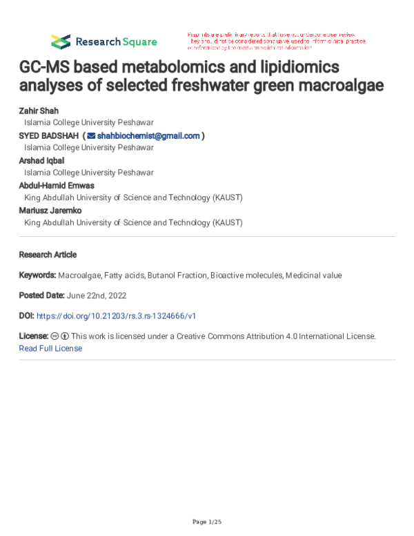 (PDF) GC-MS based metabolomics and lipidiomics analyses of selected freshwater green macroalgae