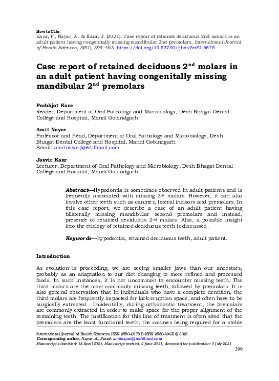 (PDF) Case report of retained deciduous 2nd molars in an adult patient ...