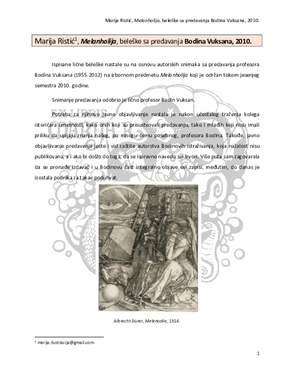 (PDF) Marija Ristic, Melanholija by Bodin Vuksan, 2010