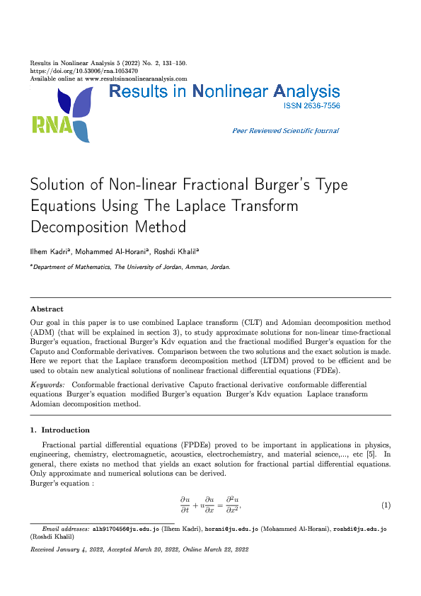 (PDF) Solution of Non-linear Fractional Burger's Type Equations Using The Laplace Transform ...