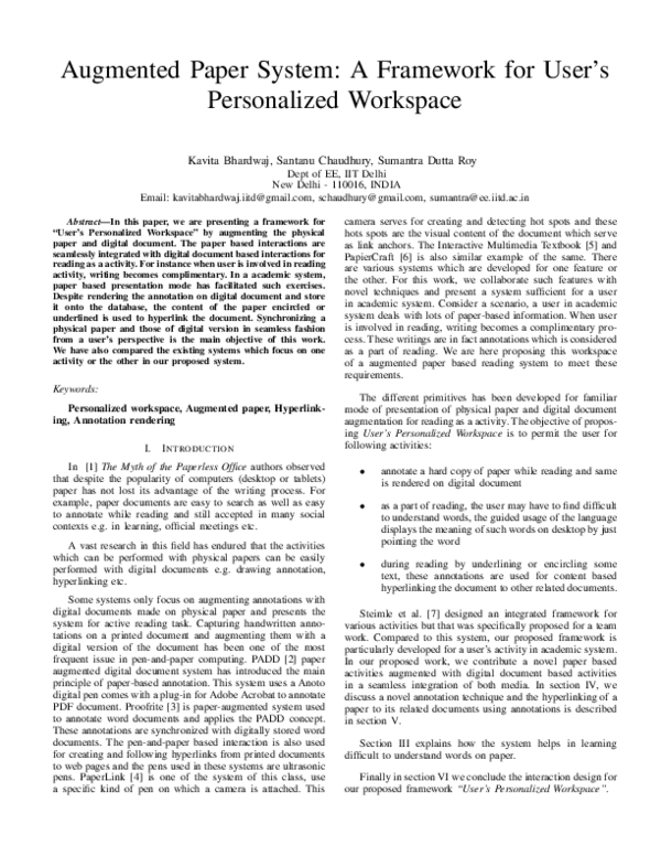 (PDF) Augmented paper system: A framework for User's Personalized Workspace