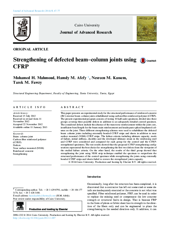 (PDF) Strengthening of defected beam–column joints using CFRP