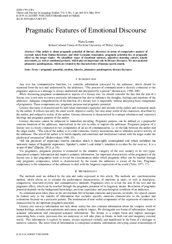 (PDF) Pragmatic Features of Emotional Discourse
