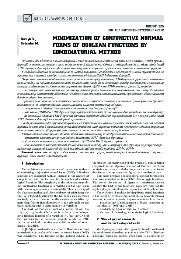Pdf Minimization Of Conjunctive Normal Forms Of Boolean Functions By
