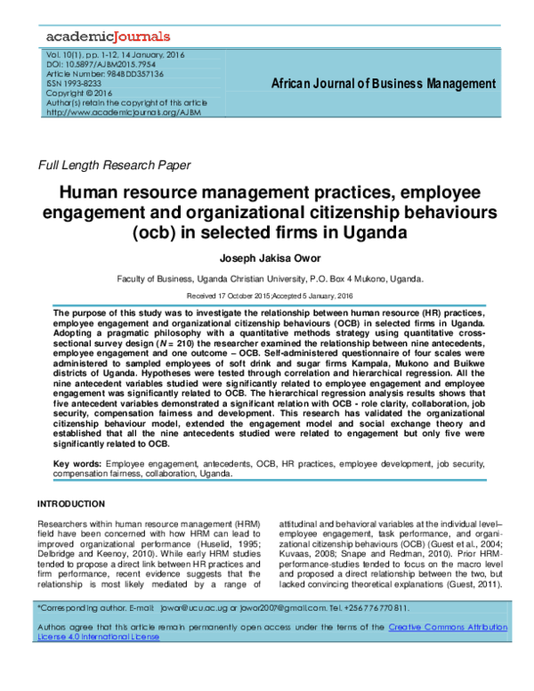 (PDF) Human resource management practices, employee engagement and organizational citizenship ...