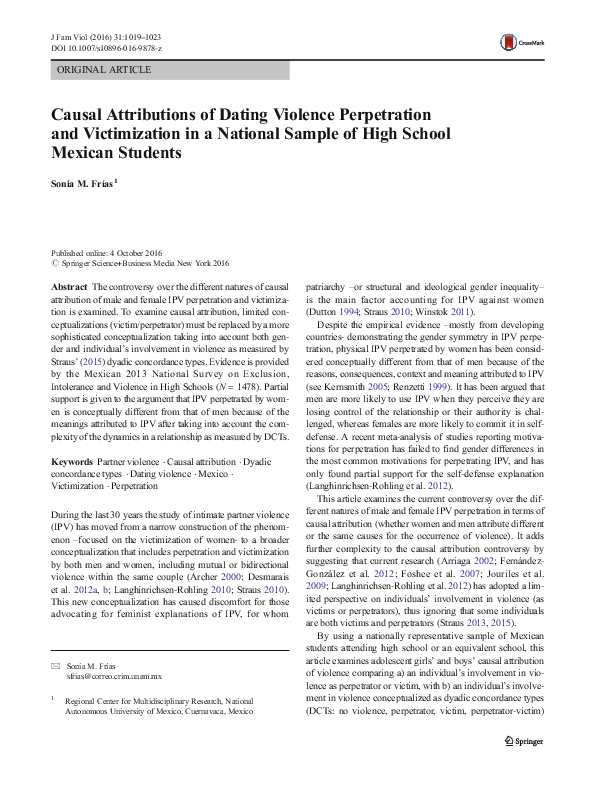 (PDF) Causal Attributions of Dating Violence Perpetration and Victimization in a National Sample ...