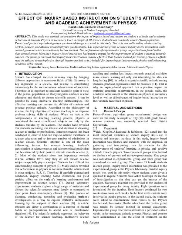 (PDF) Effect of Inquiry Based Instruction on Student’s Attitude and Academic Achievement in Physics