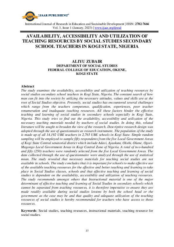 (PDF) AVAILABILITY, ACCESSIBILITY AND UTILIZATION OF TEACHING RESOURCES BY SOCIAL STUDIES ...