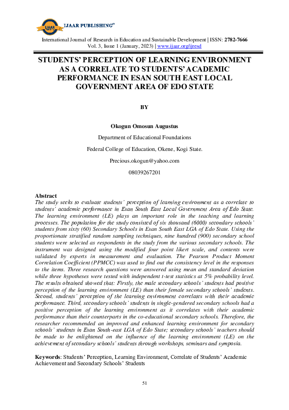 (PDF) STUDENTS' PERCEPTION OF LEARNING ENVIRONMENT AS A CORRELATE TO ...